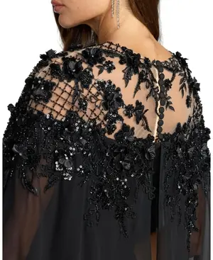Mac Duggal Floral Embellished Crepe Gown With Chiffon Cape
