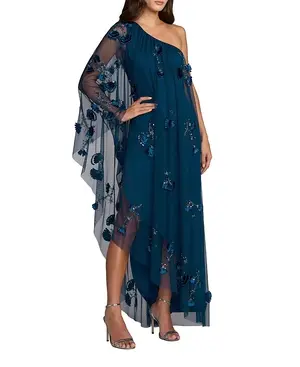 Mac Duggal One Shoulder Asymmetrical Net Gown With Flowers - Twilight