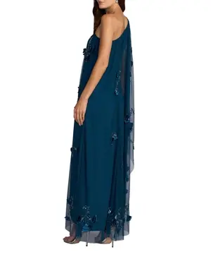 Mac Duggal One Shoulder Asymmetrical Net Gown With Flowers