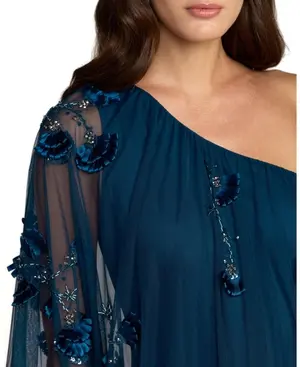 Mac Duggal One Shoulder Asymmetrical Net Gown With Flowers