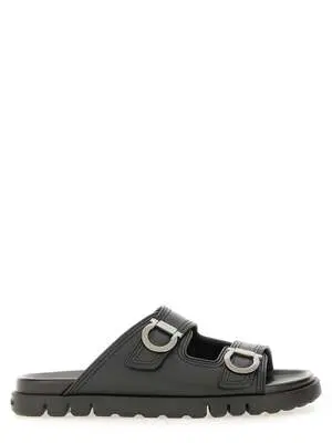FERRAGAMO Double Strap Gancini Sandals - Black