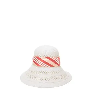 Ermanno Scervino Wide Brim Straw Hat With Vichy Scarf - White And Red