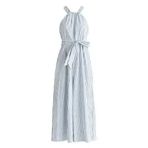 PAISIE Blue / White Striped Halterneck Cotton Jumpsuit In Light Blue & White - Blue/white