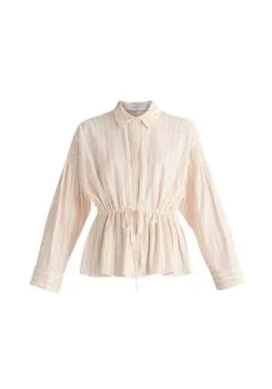 PAISIE Neutrals Striped Ruched Shirt In Sand - White