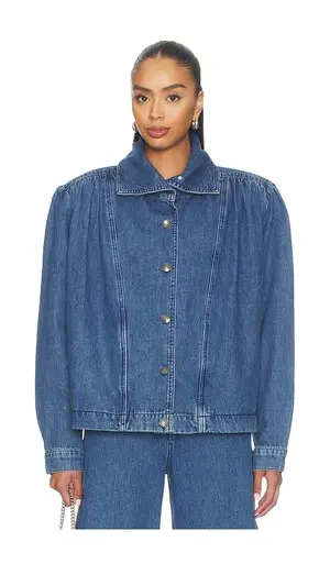 ROTATE BY BIRGER CHRISTENSEN Gathered Denim Jacket - Medium Blue Denim