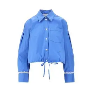 GANNI Cropped Logo Embroidered Poplin Shirt - Blue