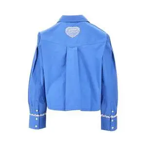GANNI Cropped Logo Embroidered Poplin Shirt - Blue