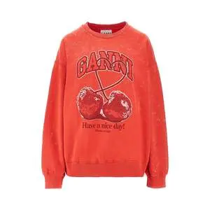 GANNI Cotton Sweatshirt With Cherry Print And Vintage Effect - Red