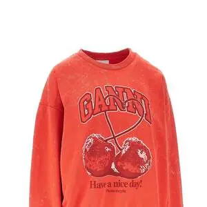 GANNI Cotton Sweatshirt With Cherry Print And Vintage Effect - Red