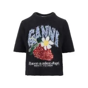 GANNI Wool-blend Knitted Short-sleeved Top With Embroidered Strawberry Motif - Black