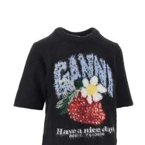 GANNI Wool-blend Knitted Short-sleeved Top With Embroidered Strawberry Motif - Black