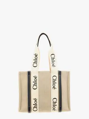 Chloé Woody Linen Shoulder Bag With Front Lettering Logo
