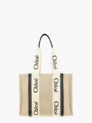 Chloé Woody Linen Shoulder Bag With Front Lettering Logo