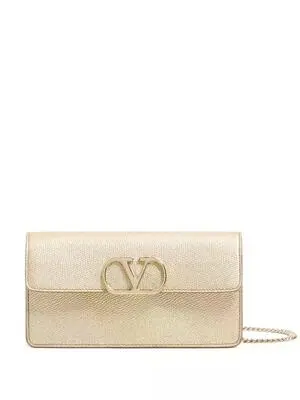 Valentino Garavani Vlogo Signature Laminated Grainy Calfskin Wallet With Chain - Gold