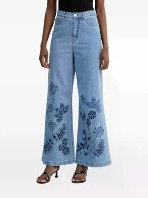 Munthe Ecube Floral-embroidered Cut-out Wide-leg Jeans - Blue