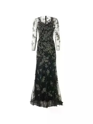 Carolina Herrera Trumpet Gown With Pewter Floral Embroidery - Black