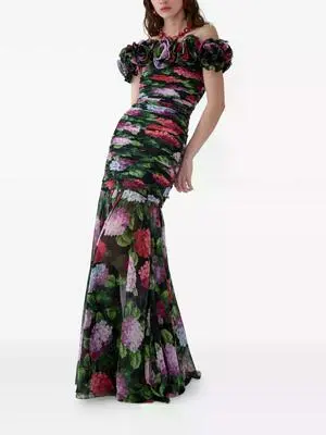 Carolina Herrera Chiffon Evening Gown With Off-the-shoulder Design And Hydrangea Print - Black