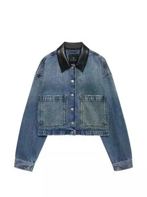 ANINE BING Yuma Cropped Denim Jacket With Leather Collar - Blue