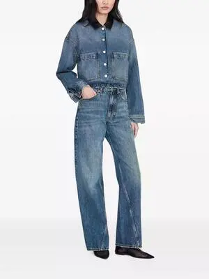 ANINE BING Yuma Cropped Denim Jacket With Leather Collar - Blue