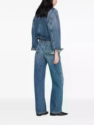 ANINE BING Yuma Cropped Denim Jacket With Leather Collar - Blue