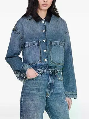 ANINE BING Yuma Cropped Denim Jacket With Leather Collar - Blue
