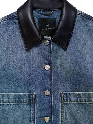 ANINE BING Yuma Cropped Denim Jacket With Leather Collar - Blue