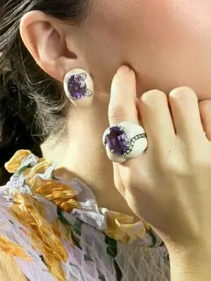 ANDREOLI Oval Amethyst And Diamond Ring In 18k White Gold - Silver