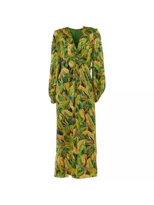 Farm Rio Parrot-print Gathered-waist Midi Dress - Green