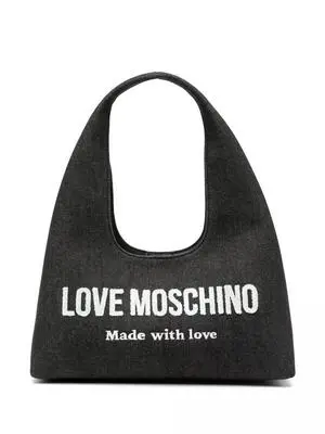 Moschino Logo Appliqué Denim Shoulder Bag - Black