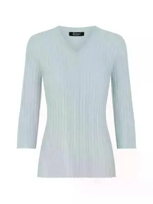 LA ROSE Ribbed-knit V-neck Sweater - Blue