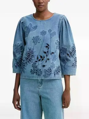 Munthe Bramble Embroidered Cut-out Denim Blouse - Blue