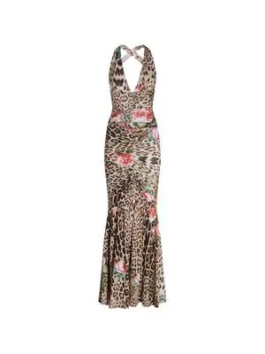 Roberto Cavalli Jaguar And Floral Print Maxi Dress - Neutrals