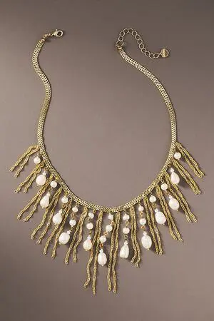 Anthropologie Toned Metal And Freshwater Pearl Dangle Fringe Necklace