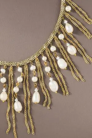Anthropologie Toned Metal And Freshwater Pearl Dangle Fringe Necklace