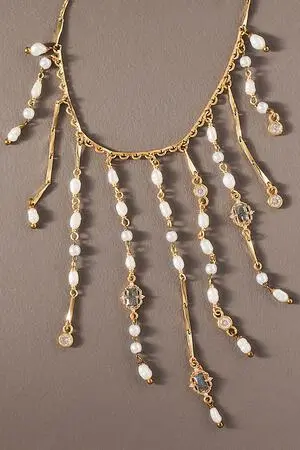 Anthropologie Dainty Tassel Necklace With Freshwater Pearls And Crystals