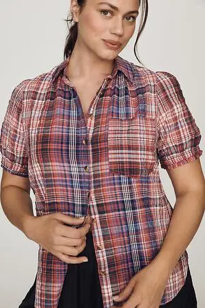 PILCRO Aly Puff-sleeve Plaid Blouse - Pink
