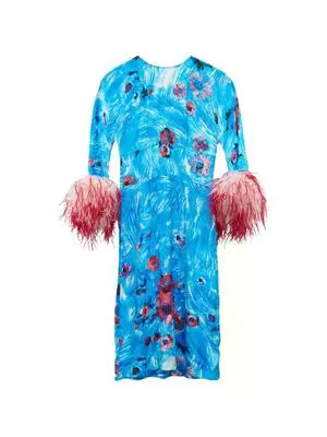 Prada 2017 Feather-trim Floral-print Midi Dress - Blue