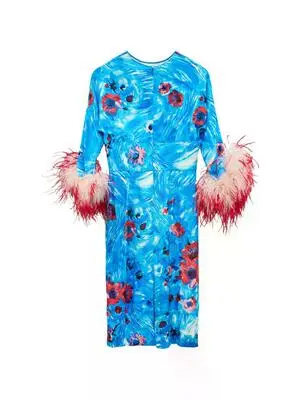 Prada 2017 Feather-trim Floral-print Midi Dress