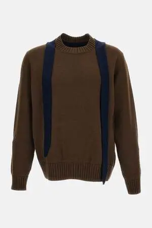Sacai Oversize Wool Crew Neck Sweater With Contrast Fabric Detail - Brown