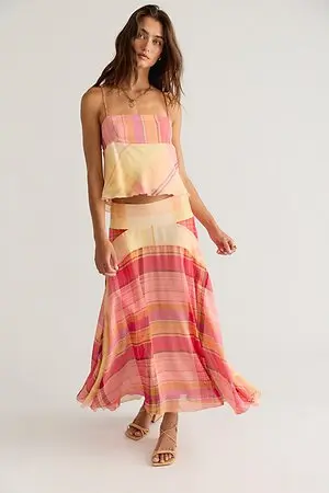 Free People Breezy Plaid Midi Skirt Set - Pink Combo