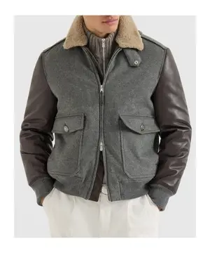Brunello Cucinelli Bonded Cashmere Beaver Cloth And Nappa Leather Bomber Jacket With Thermore Padding And Detachable Shearling Collar - Medium Gray