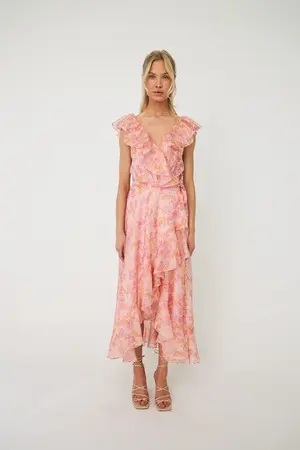 CRAS Landon Ruffle Detail Wrap Midi Dress - Cloudy Flower