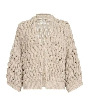 Brunello Cucinelli Silk And Linen Dazzling Waves Cardigan - Sandy Yellow