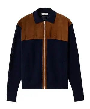 Miu Miu Cotton Crochet And Suede Cardigan - Blue