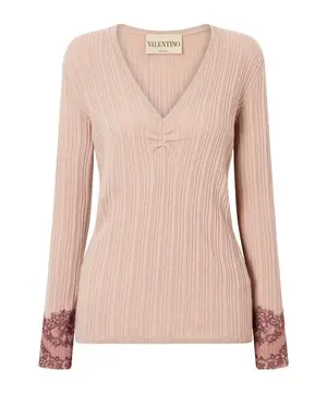 Valentino Garavani Lace-trimmed Ribbed Cashmere Sweater - Pink
