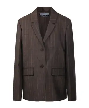 GANNI Blazer In Pinstripe Wool - Brown
