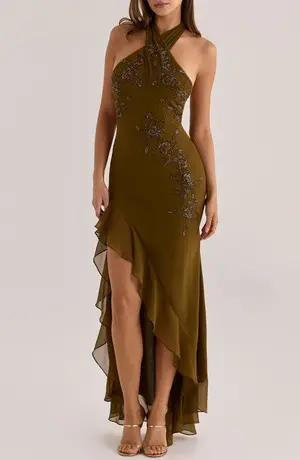 House Of Cb Raquel Georgette Halter Maxi Gown With Floral Embroidery And Ruffles