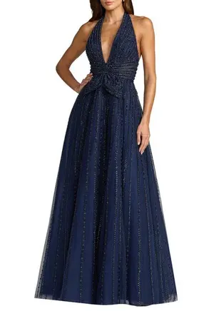 Mac Duggal Embellished Halter Neck Gown With Open Back - Midnight