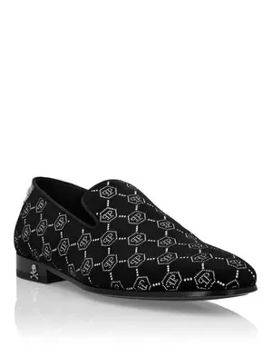 Philipp Plein Velvet Loafers Strass Monogram - Black/crystal