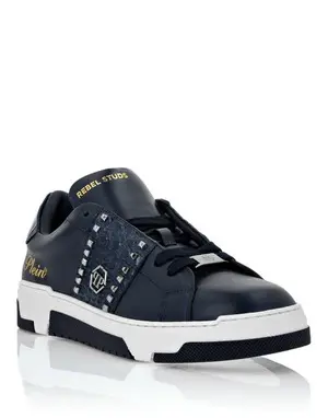 Philipp Plein Low Top Sneakers With Rhinestone Embellishments And Croc-effect Leather - Darkblue